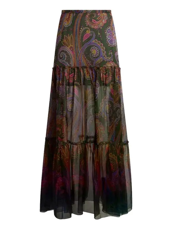 Etro Silk Maxi Skirt With Placed Paisley Print - Green