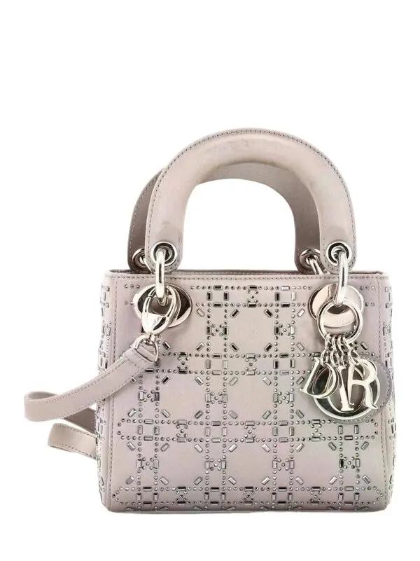 Dior Lady Bag Crystal Embellished Cannage Quilt Satin Mini Satchel - Grey