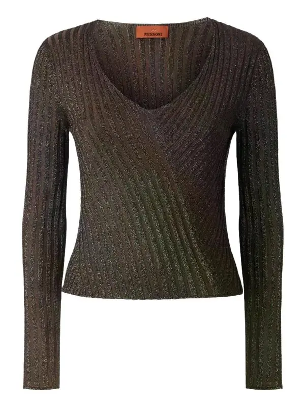 Missoni Metallic Thread Ribbed Knit V-neck Sweater - Brown