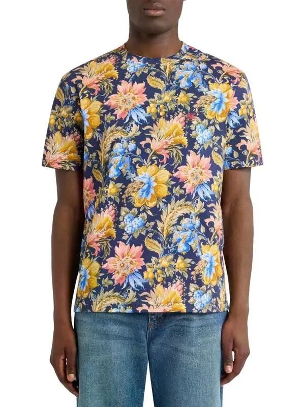 Etro Cotton-jersey T-shirt With Floral-motif - Blue