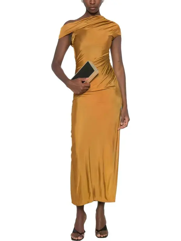 Galvan Toffee Satin Off-shoulder Draped Dress - Brown