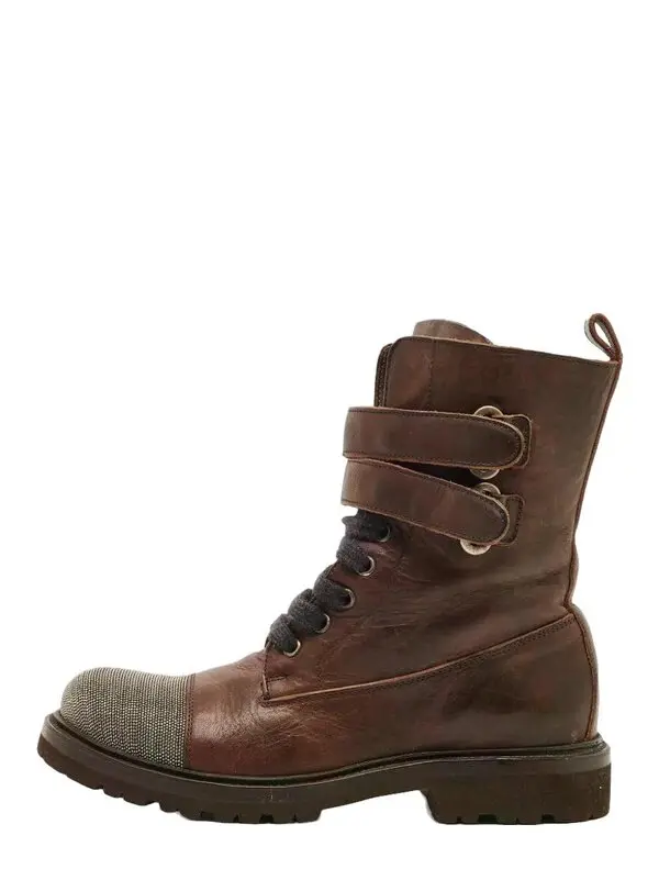 Brunello Cucinelli Leather Monili Bead-embellished Cap Toe Combat Boots - Brown