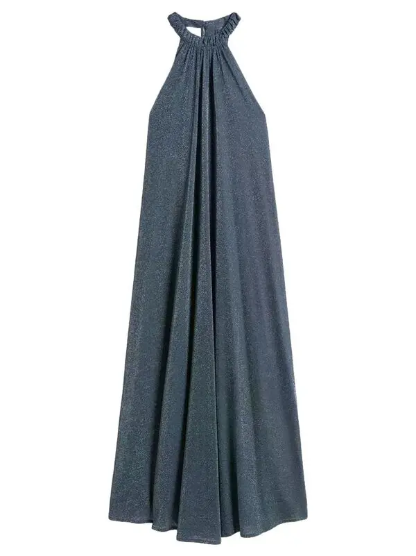 Momoni Metallic Lurex Jersey Halterneck Maxi Dress - Blue