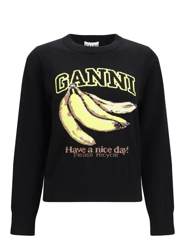 GANNI Banana Print Crew Neck Sweater - Black