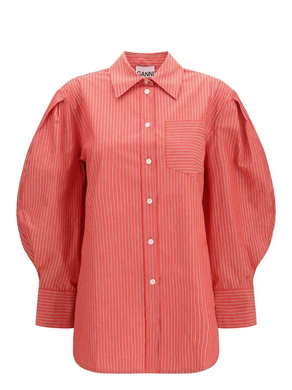 GANNI Striped Cotton Shirt With Balloon Sleeves - Red