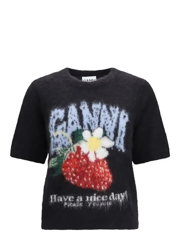 GANNI Alpaca & Wool-blend T-shirt With Strawberry Motif - Black