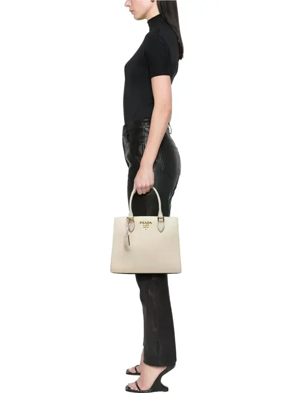 Prada Soft Calf Trimmed Saffiano Lux Satchel - White
