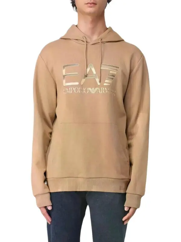 EA7 Logo Print Cotton Hoodie - Neutrals