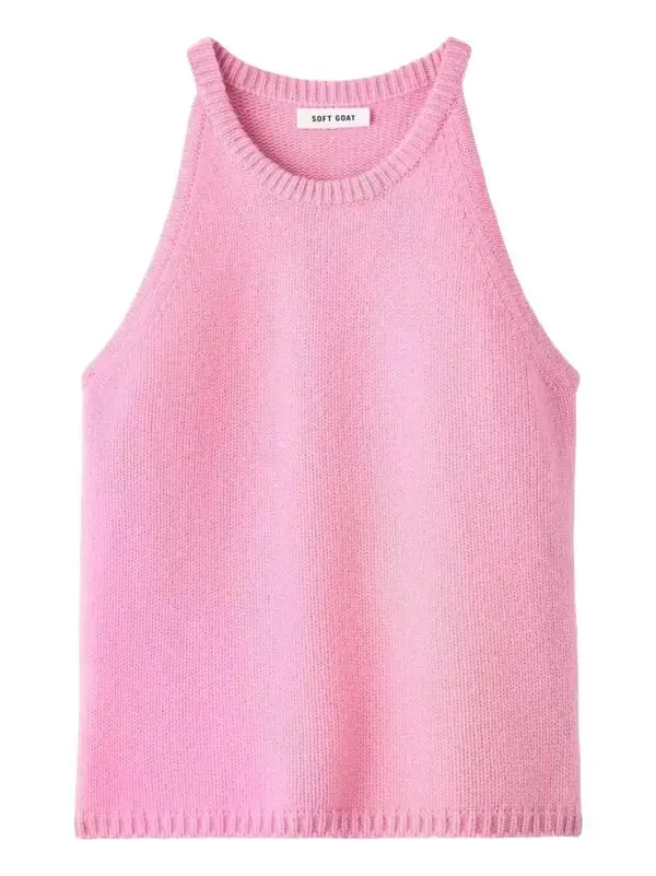 Soft Goat Ribbed Trim Knitted Halter Top - Pink