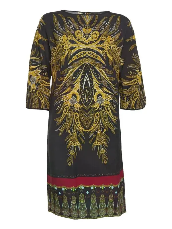 Etro Paisley Print Boat Neck Three-quarter Sleeve Mini Dress - Black