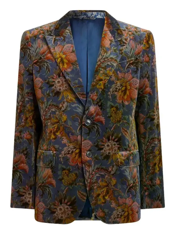 Etro Single-breasted Jacket In Stretch Cotton Velvet With Floral Motif - Blue
