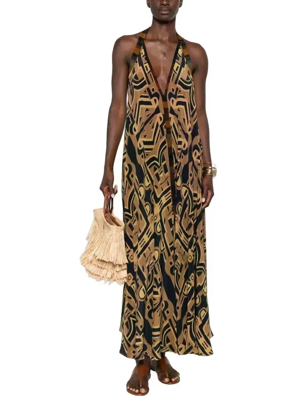 VOLANTIS Geometric Print Halterneck Maxi Dress - Brown
