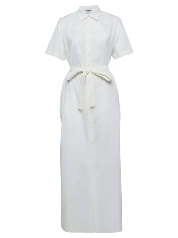 Miu Miu White Cotton Floral Embroidered Belted Maxi Dress - Neutrals