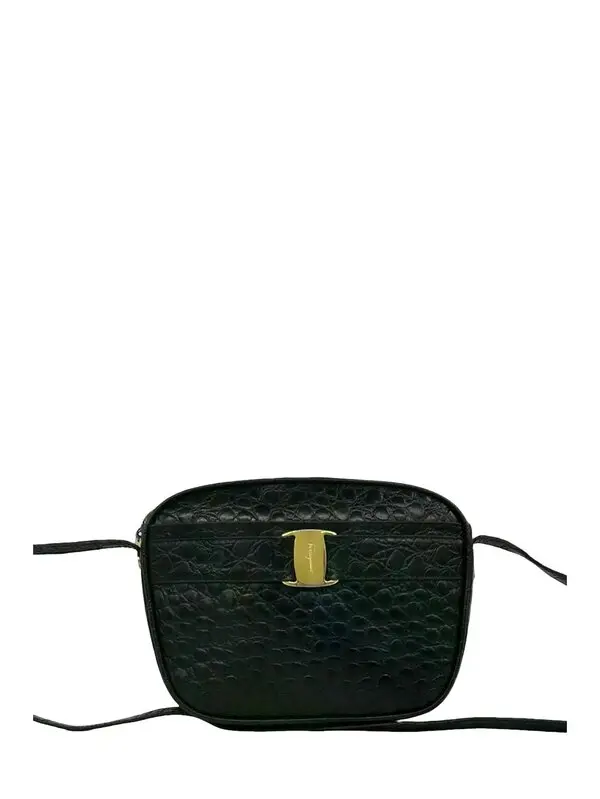 FERRAGAMO Croc Embossed Leather Vara Crossbody Bag - Black