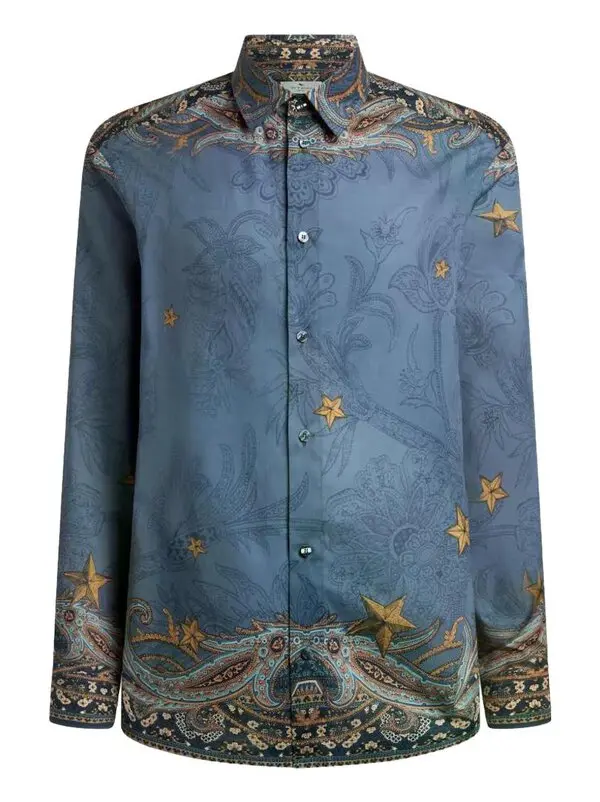 Etro Cotton Muslin Shirt With Placed Pegaso Print - Blue