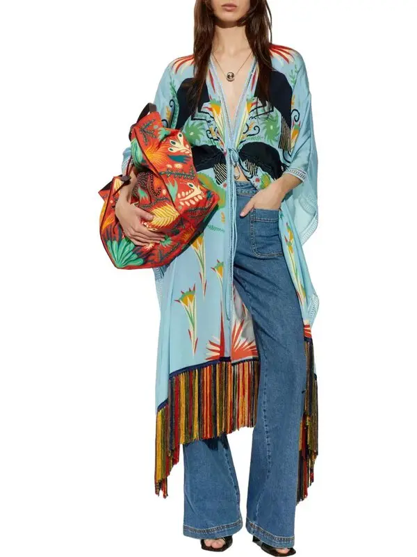 Etro Bird-print Silk Kaftan With Fringe Trim - Blue