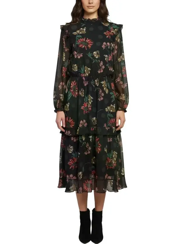 BOSS Floral Print High Neck Midi Dress - Black