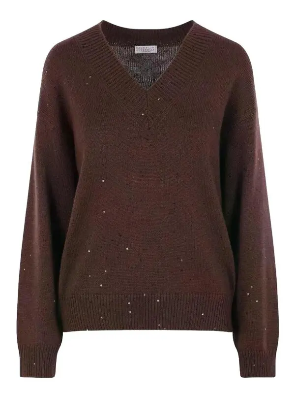Brunello Cucinelli Sequin-embellished V-neck Sweater - Brown