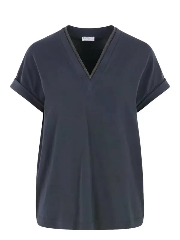 Brunello Cucinelli Monili Trim V-neck T-shirt - Blue