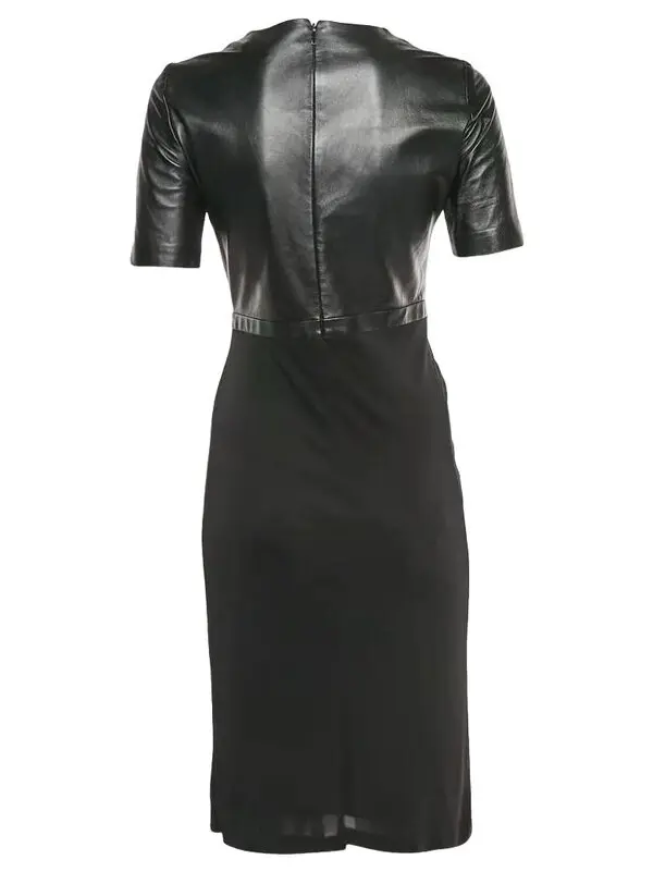 Gucci Leather Bodice Draped Midi Dress With Short Sleeves - Black