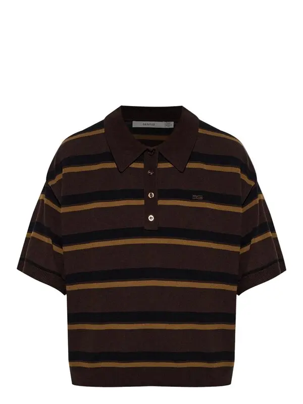 GESTUZ Striped Knit Polo Shirt - Brown