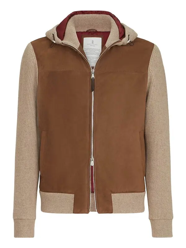 Brunello Cucinelli Ribbed Suede-panel Hooded Jacket - Brown