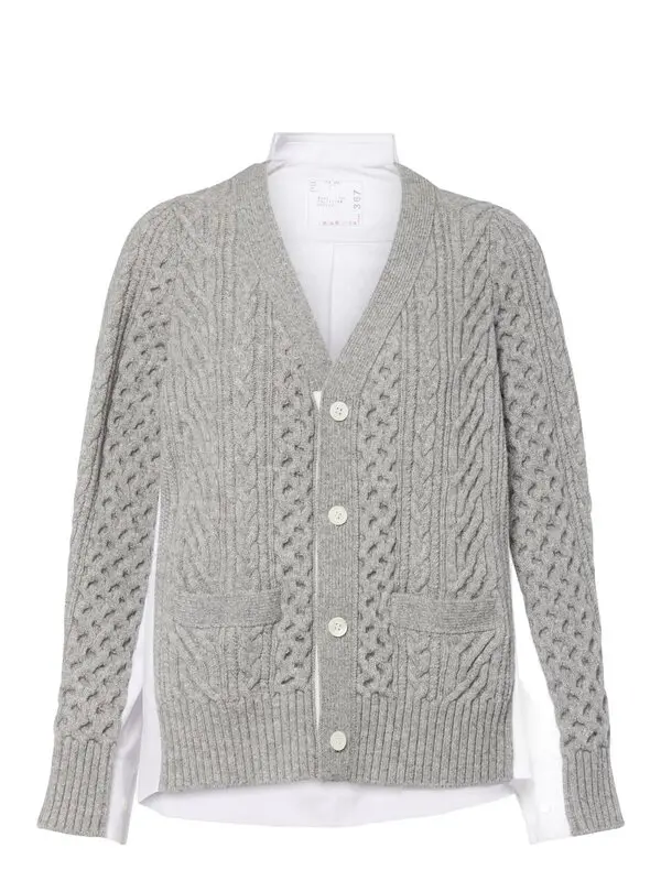 Sacai Cable-knit Wool And Poplin Cardigan - Grey