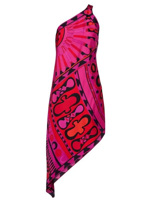 Emilio Pucci Asymmetric Silk Twill Midi Dress In Fuchsia Black - Pink