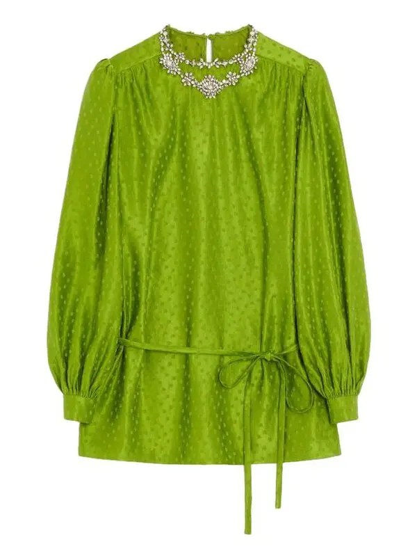 Valentino Garavani Silk-linen Jacquard Top With Rhinestone Embroidery - Avocado
