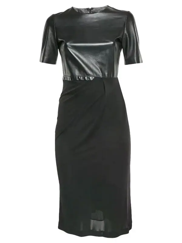 Gucci Leather Bodice Draped Midi Dress With Short Sleeves And Round Neck - Black