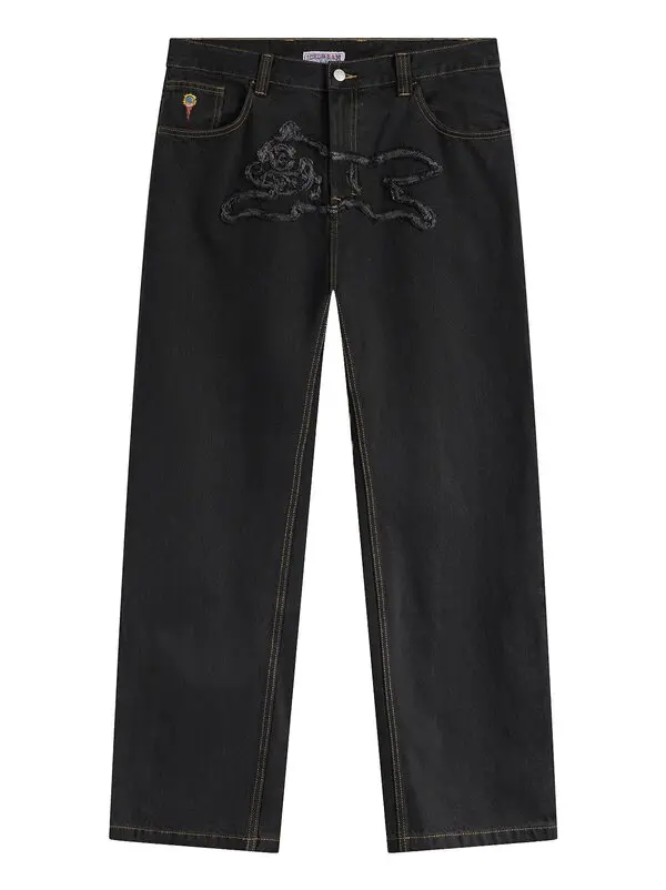 ICECREAM Applique Running Dog Double Scoop Denim Pants - Black