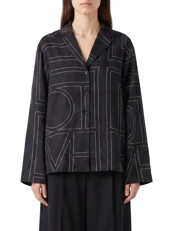 TOTEME Relaxed Fit Monogram Print Silk Shirt - Black