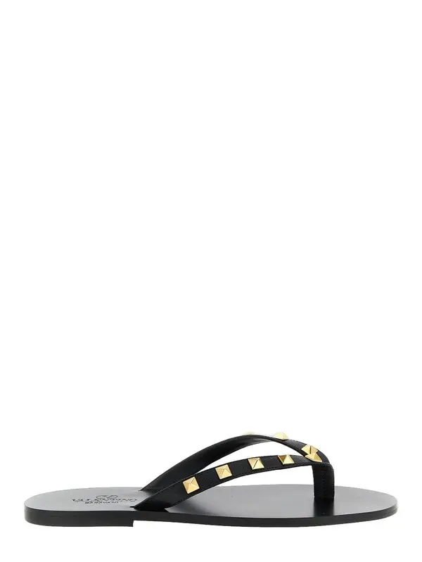 Valentino Garavani Rockstud Calfskin Thong Sandals - Black