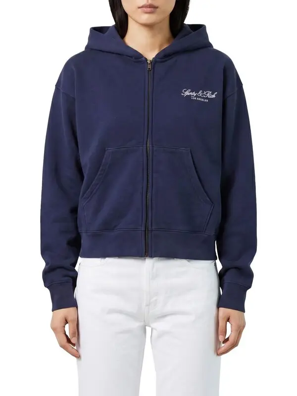 SPORTY & RICH Cotton Zip-up Hoodie With Embroidered Logo - Blue