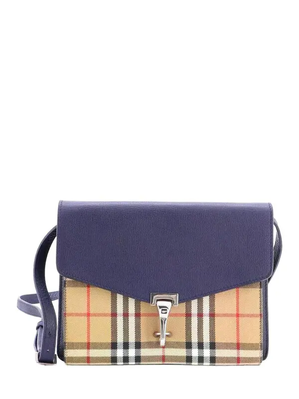 Burberry Macken Small Crossbody Bag In Leather And Vintage Check Canvas - Blue