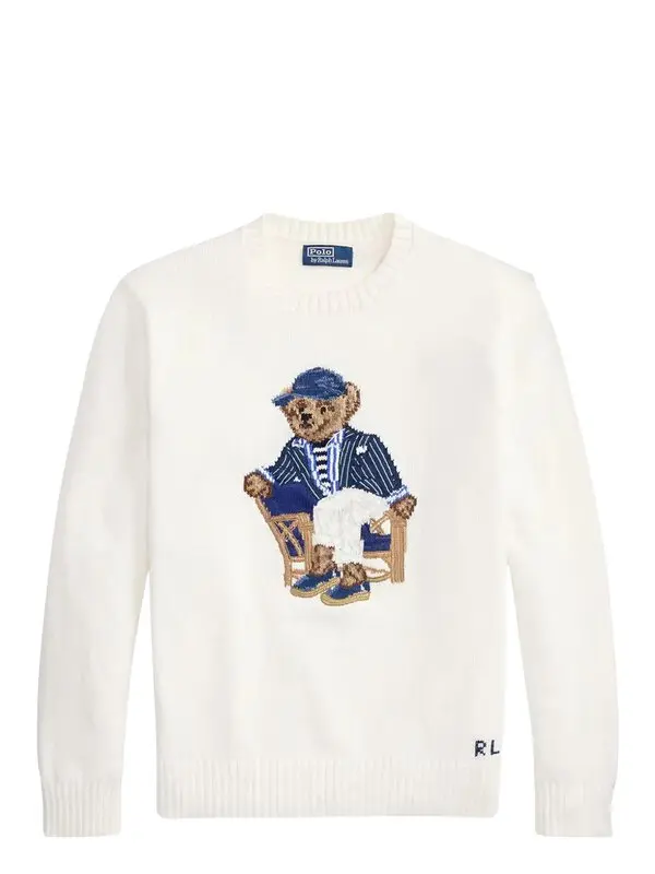 Polo Ralph Lauren Linen Cotton Newport Bear Crewneck Sweater - White