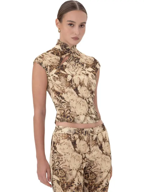 SAU LEE Rumi Leopard Floral Print Mandarin Collar Top - Brown Multi