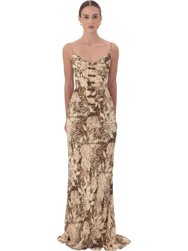 SAU LEE Neyla Chiffon Maxi Dress With Corset Detail - Brown Multi