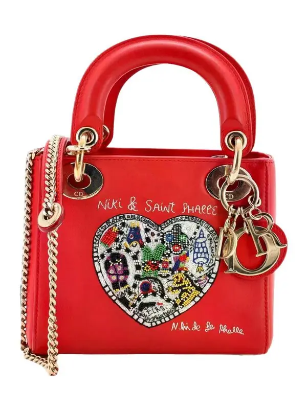 Dior Lady Chain Bag Limited Edition Embroidered Leather Mini Tote - Red