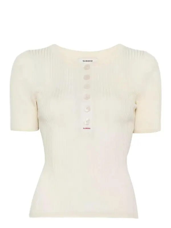 Sandro Ribbed-knit Button-placket Top - Neutrals