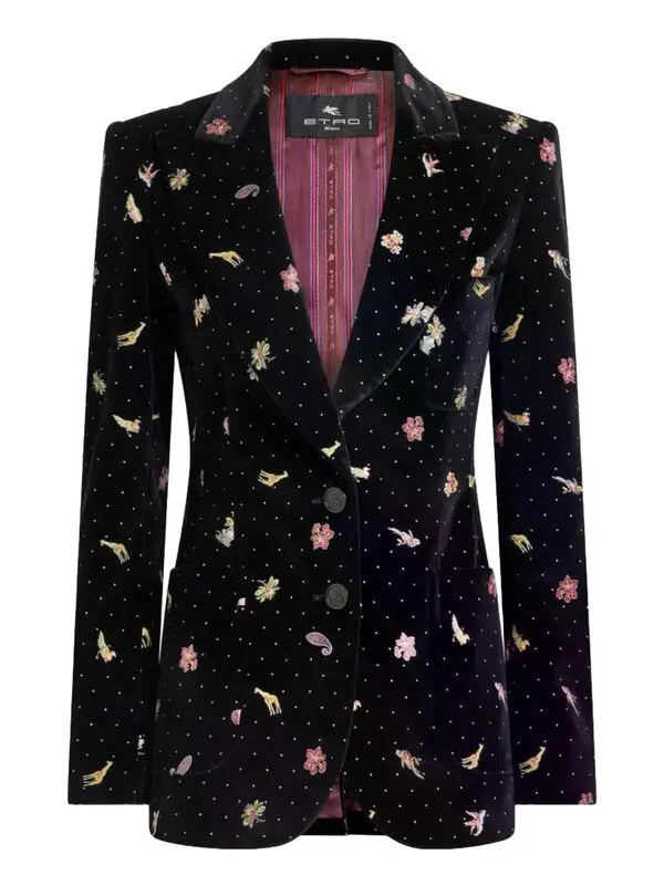 Etro Single-breasted Cotton Velvet Jacket With Paisley And Animal Motif - Black