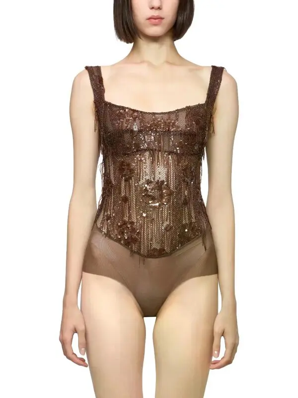 ATU BODY COUTURE Sequin Embellished Corset Bodysuit - Brown