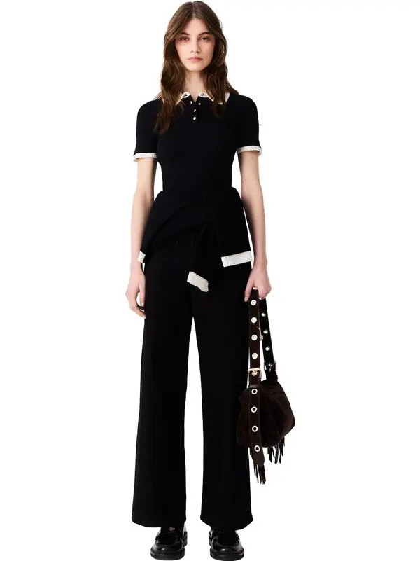 Maje Ribbed Viscose Short-sleeve Polo With Scalloped Peter Pan Collar And Gold Button Detail - Black
