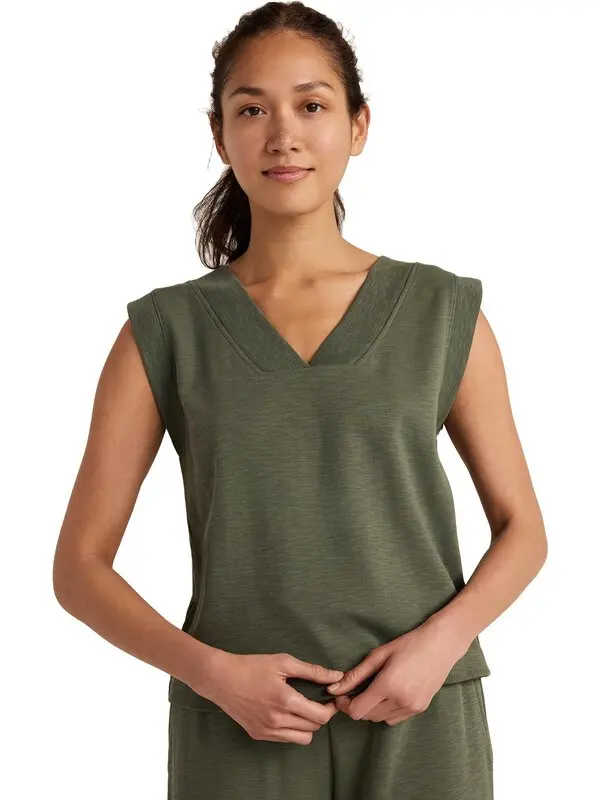 HAVEN WELL WITHIN Organic Cotton Slub Interlock V-neck Sleeveless Top - Deep Willow
