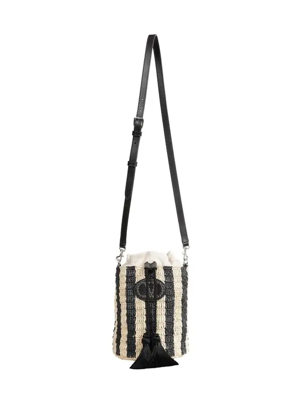Valentino Garavani Striped Raffia Bucket Bag - Black