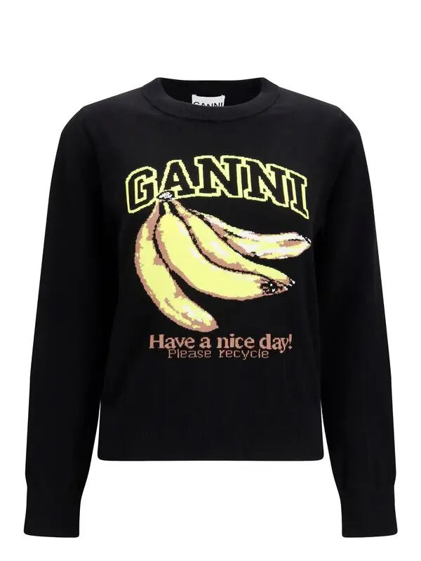 GANNI Banana Print Crew Neck Sweater - Black