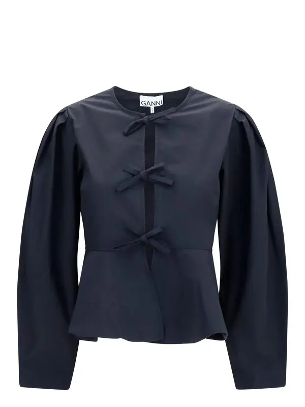 GANNI Cotton Poplin Blouse With Bow Detail - Black