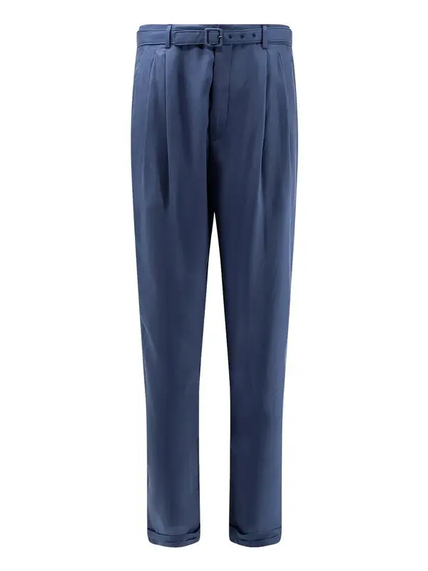 Saint Laurent Silk Trousers With Belt In Blue - Multicolor