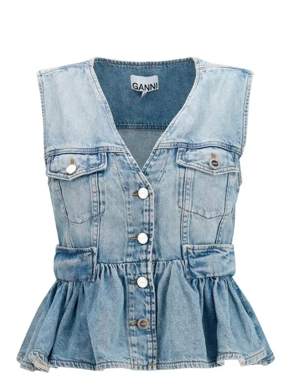 GANNI Lightweight Denim Peplum Vest - Blue