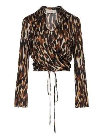 JUCCA Leopard Print Viscose Wrap Top - Brown